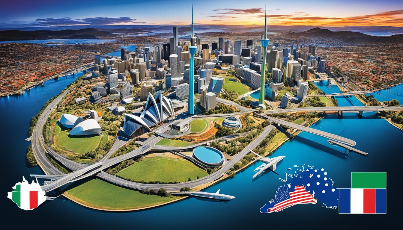 Compare the geography and infrastructure between Australia, USA and Italy